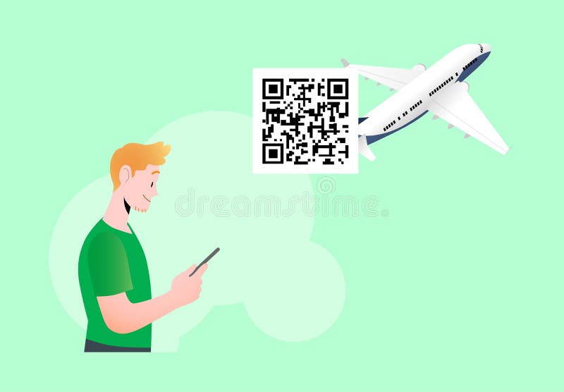 Young Man Looking at Smartphone Screen with Qr Code and Airplane on ...