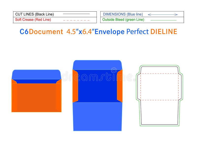 C6 4.5x6.4 Inch Document Envelope Dieline Template and 3D Envelope Editable Easily Resizable ...