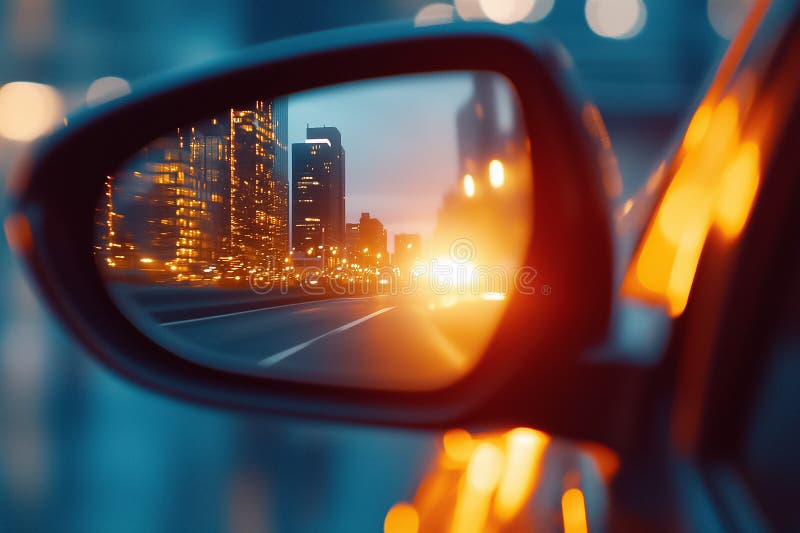 A Cab Driver Observes the Glowing Cityscape through the Side Mirror ...