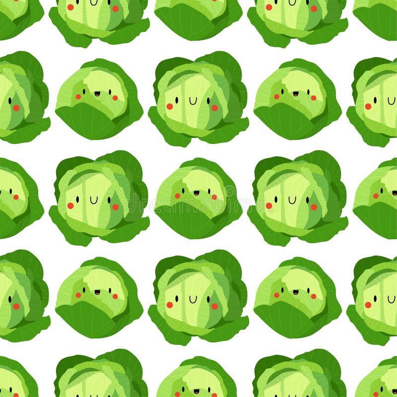 Kawaii Cartoon Cabbage. Seamless Vector Patterns Stock Vector ...