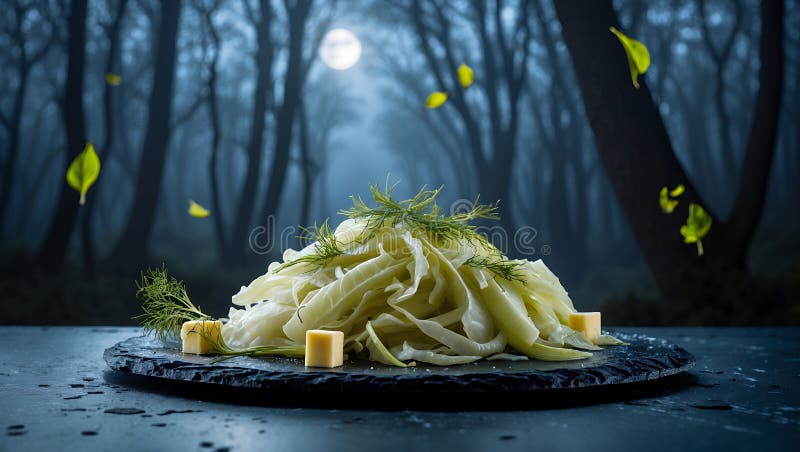 Savory Fennel Salad with Cheese, Dark Forest Autumn Background Stock ...