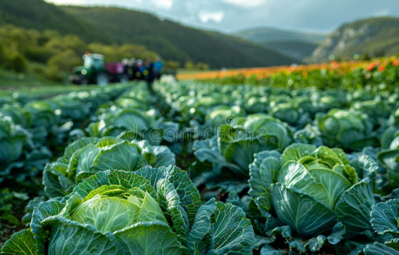 Cabbage Field in the Mountains. a Tractor with an Open Trailer is ...
