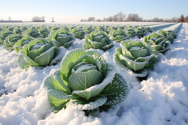 Cabbage Field Under Snow. Generative AI Stock Illustration ...