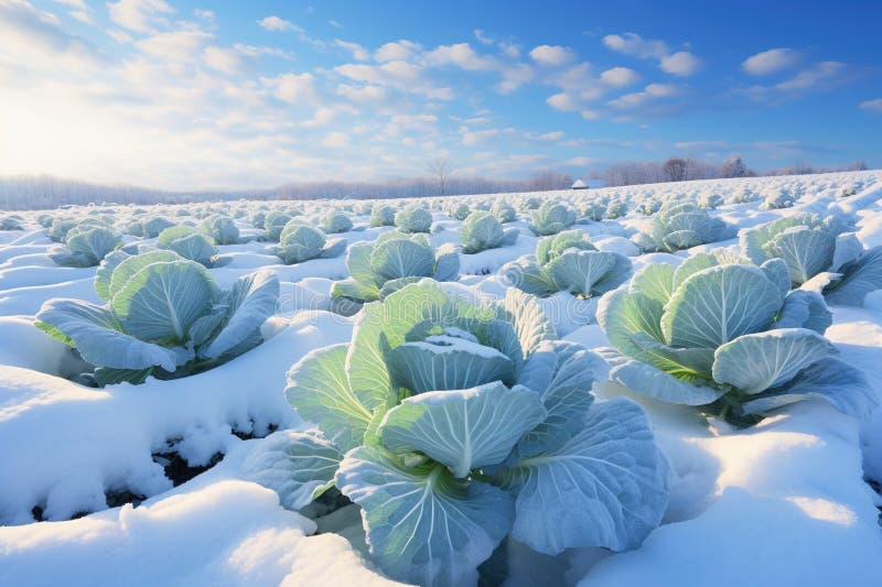 Cabbage Field Under Snow. Generative AI Stock Illustration ...