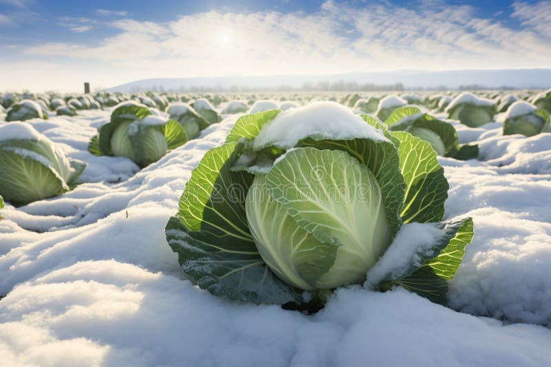 Cabbage Field Under Snow. Generative AI Stock Illustration ...
