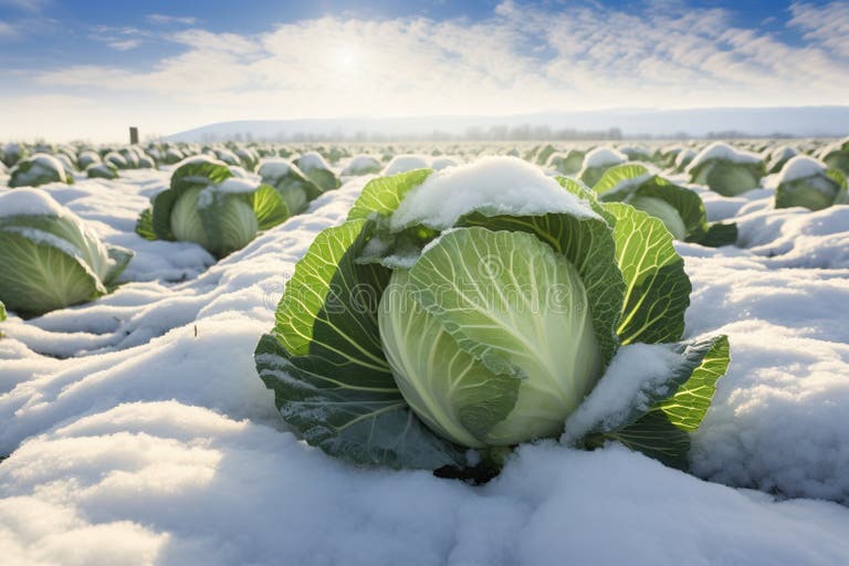 Cabbage Field Under Snow. Generative AI Stock Illustration ...