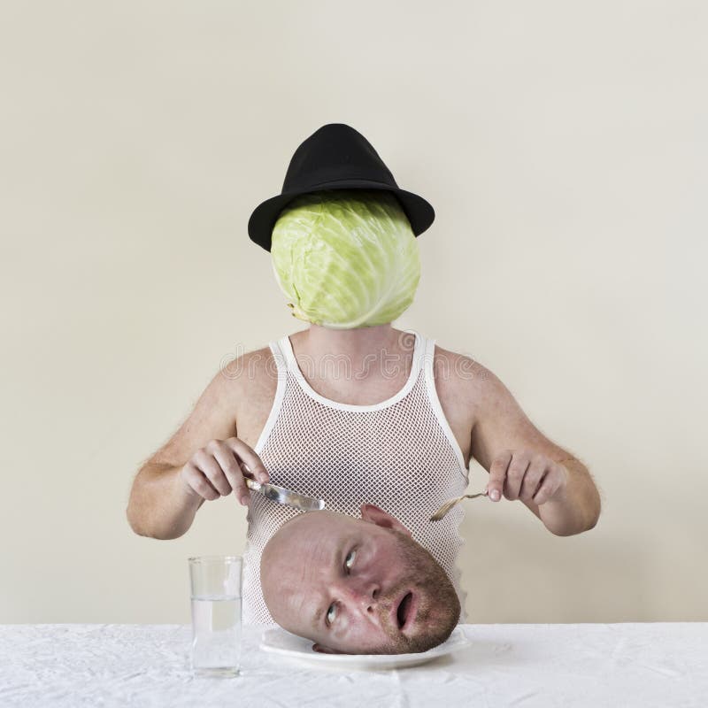 Cabbage Man Eats Head stock image. Image of fork, mouth - 29637745