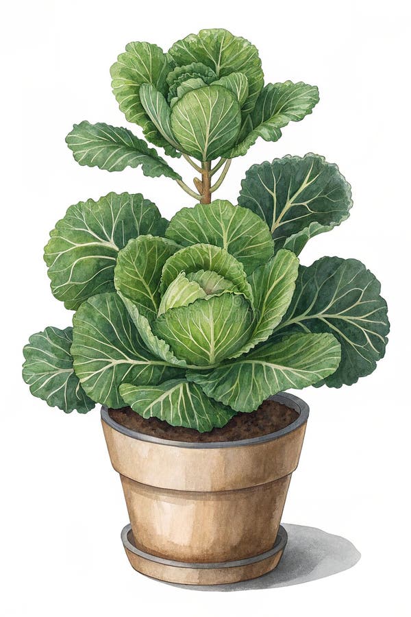 Cabbage Plant in a Pot with Dense Leafy Heads Stock Illustration ...