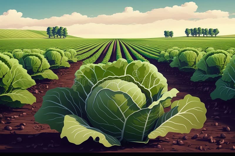 Cabbage Plantations Grow in the Field, Generative AI Stock Illustration ...