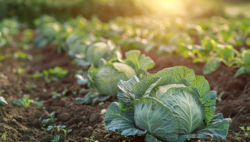 Cabbage Plantations Grow in the Field. Vegetable Rows. Farming ...