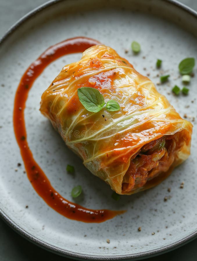 Cabbage Roll on a Plate with Sauce and Garnish. Stock Image - Image of ...