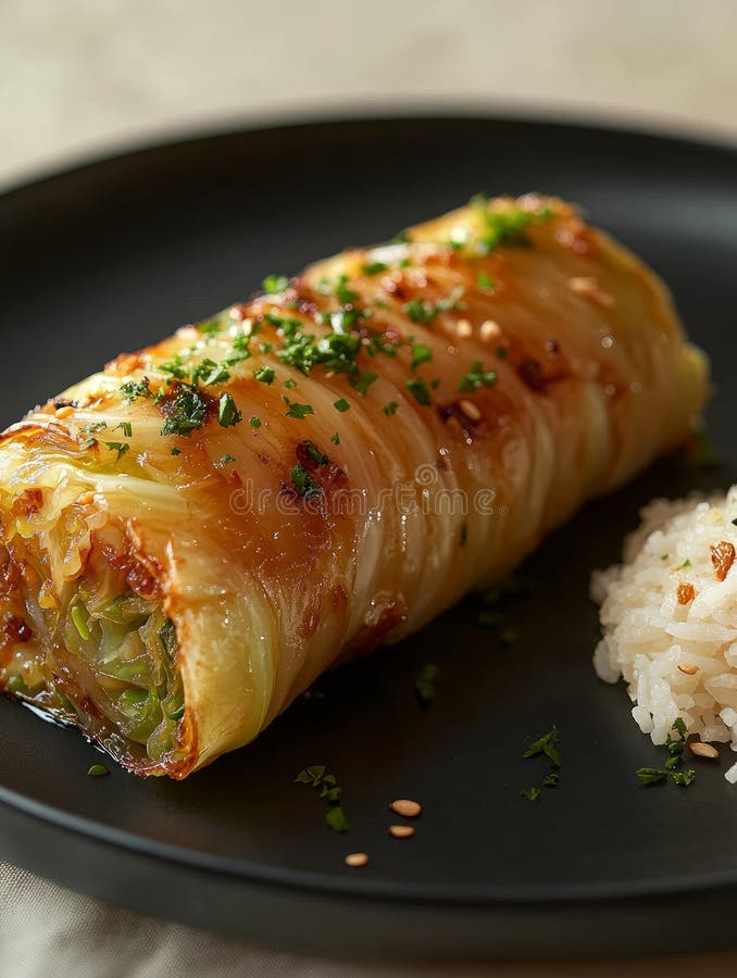 Cabbage Roll Served with Rice on a Black Plate. Stock Photo - Image of ...