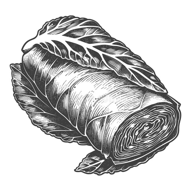Engraved Illustration of Stuffed Cabbage Rolls, Traditional Recipe ...