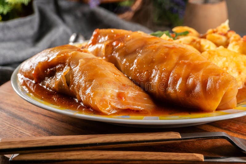 Cabbage Rolls in Cabbage Leaves with Sour Cream, Dish of European ...