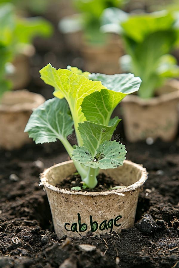 Cabbage Seedlings in Pots Close-up Stock Photo - Image of healthy ...