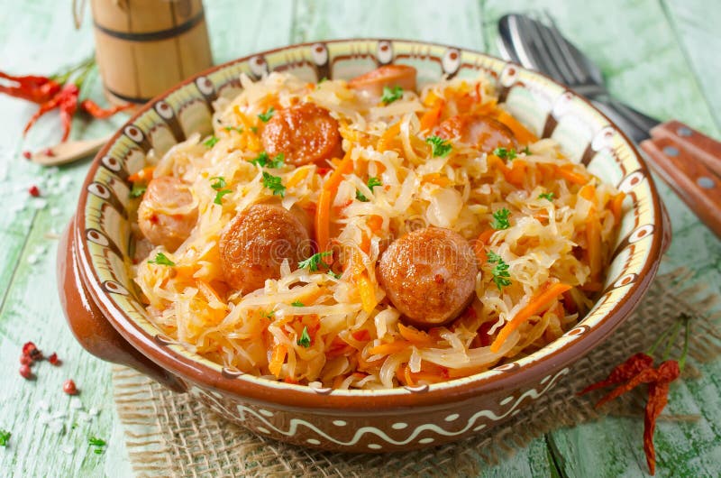 Cabbage Stew with Grilled Sausage Stock Photo - Image of fried, cabbage ...