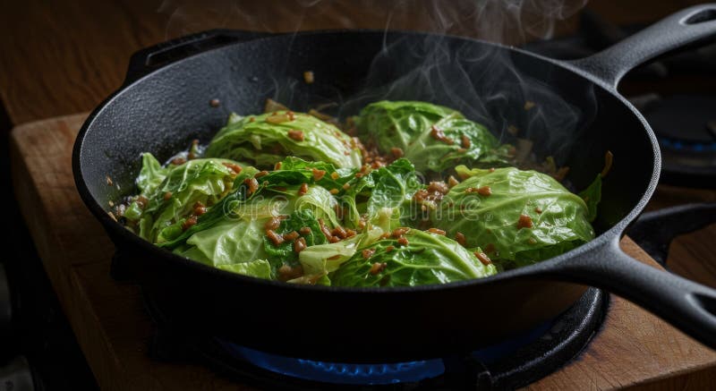 Cabbage Stir Fry in Cast Iron Skillet Stock Illustration - Illustration ...