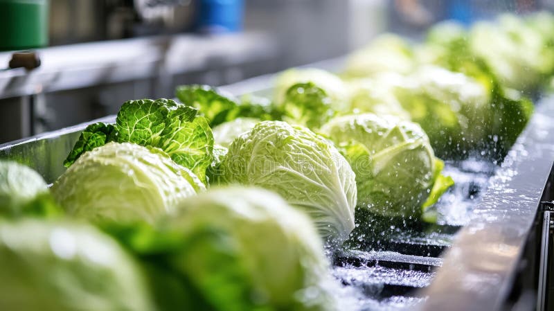Cabbage Washing Process in an Industrial Food Processing Plant Showing Vibrant Vegetables and ...