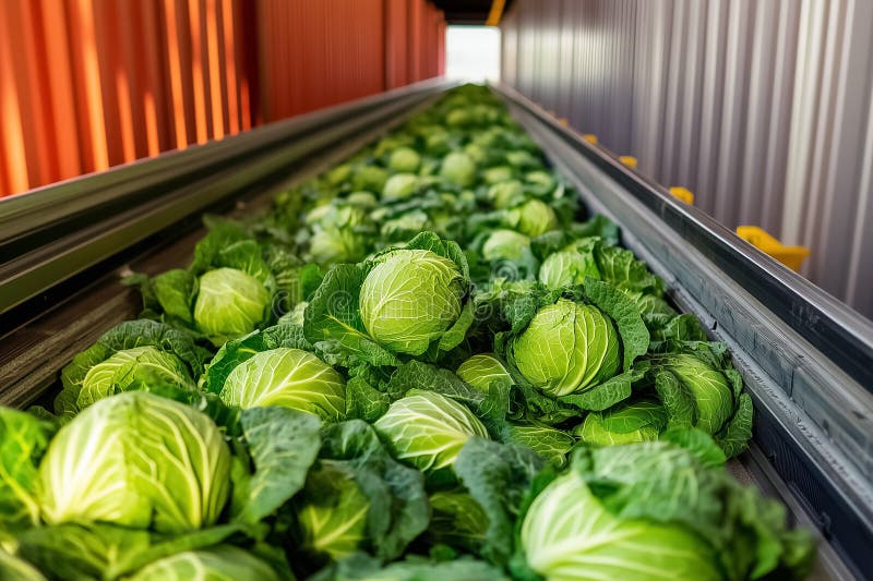 Cabbages Move Seamlessly Along a Conveyor Belt into a Shipping ...