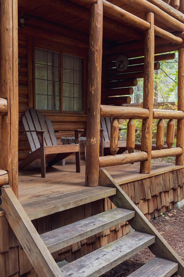 Stairs Leading To Rustic Log Cabin Front Porch Stock Image - Image of ...