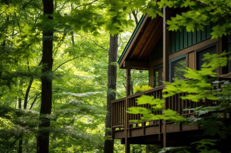 Cabin with Balcony Viewed through Forest Foliage Stock Image - Image of ...