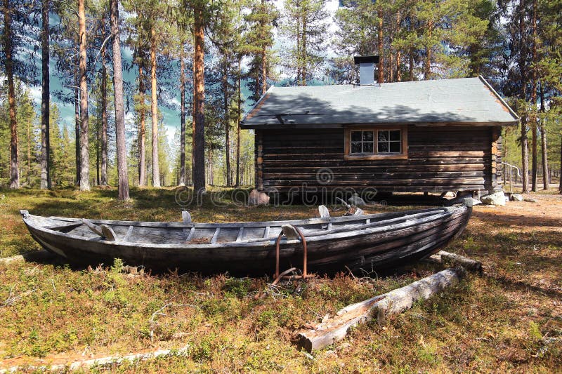 Cabin and Boat beside a Pine Forest Clearing Under Bright Midday Light Stock Image - Image of ...