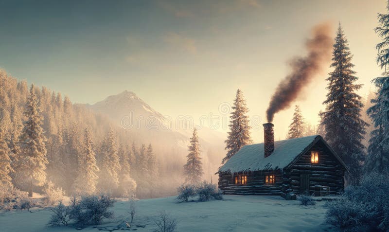 A Cabin with a Chimney and a Fire Burning in it Stock Photo - Image of ...