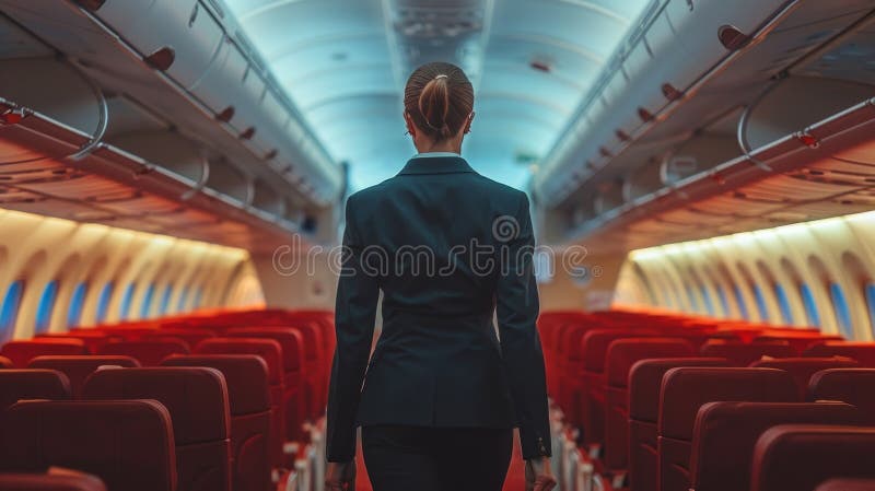 Cabin Crew Member in Uniform Walking Down the Aisle of Commercial Jet ...