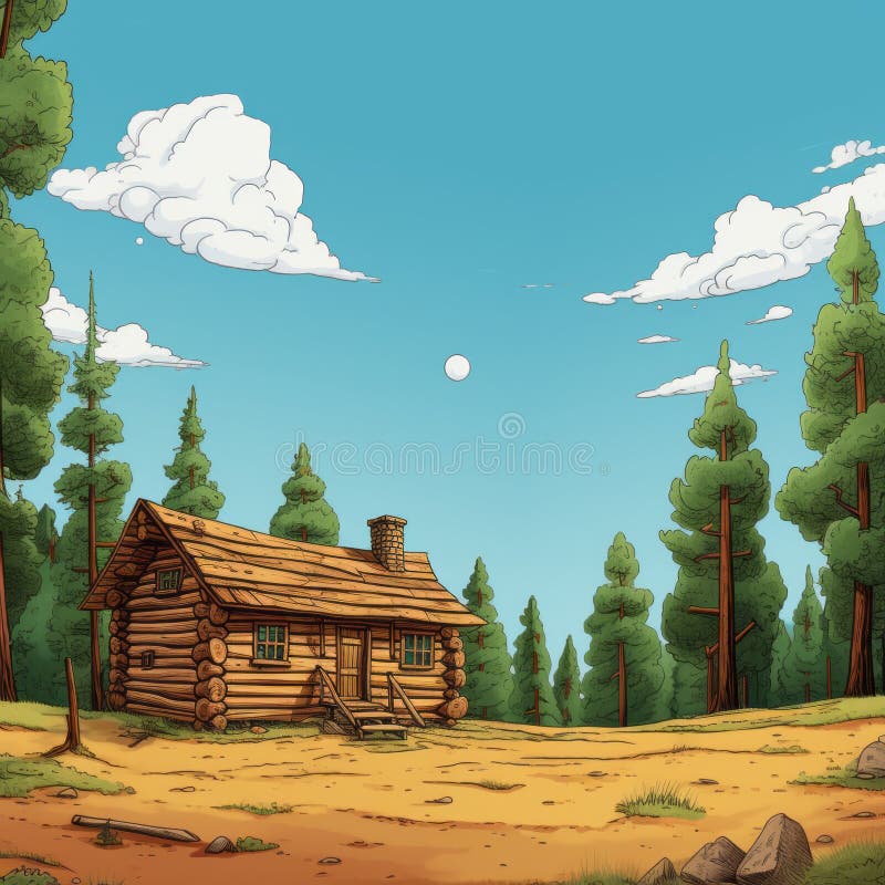 Cartoon Dell Cabin in the Woods with Pine Trees Stock Illustration ...