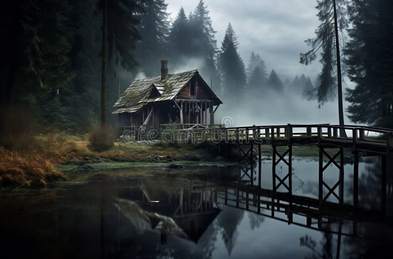 Cabin in forest by lake stock photo. Image of restful - 321352240