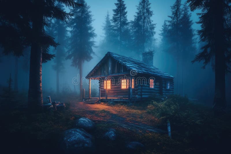 A Cabin House in a Forest at Night with the Lights on Generative AI ...