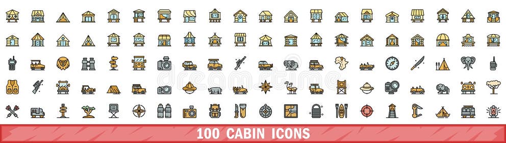 100 Cabin Icons Set, Color Line Style Stock Illustration - Illustration ...