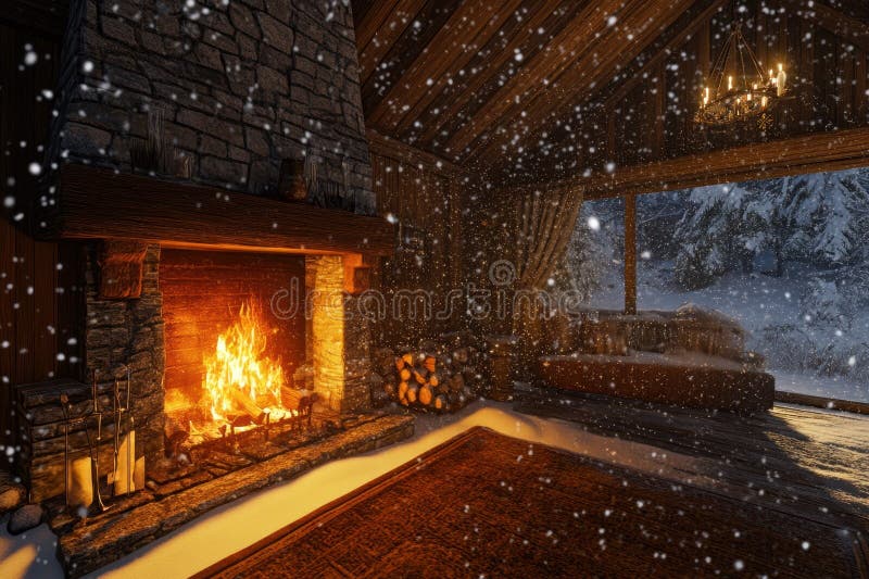 Cabin Interior Cozy Fireplace Snow Falling Outside Winter Evening Stock ...