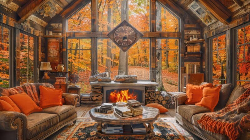 A Cabin Interior Featuring Large Windows Showcasing a Forest Outside ...