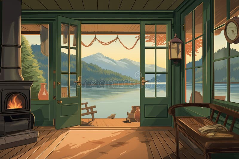 Cabin Interior with Lake View and Visible Dock through Window, Magazine ...