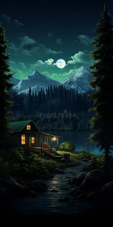 Romantic Cabin in Dark Emerald Night Landscape Stock Illustration ...