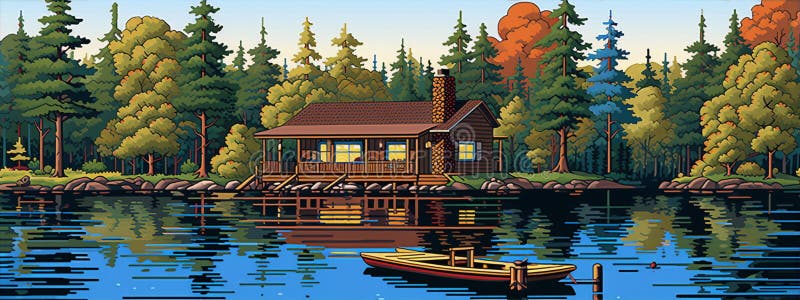 Cabin on Lake with Boat and Dock Surrounded by Trees in Pixel Art Style ...