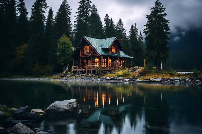 Cabin by the lake at night stock photo. Image of seclusion - 318467670