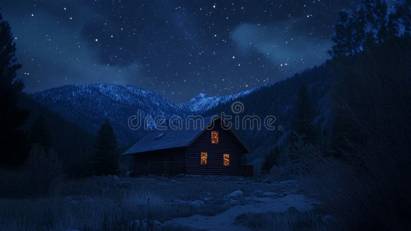 A Cabin with Lights Gleaming in the Night Under a Starry Sky Stock ...