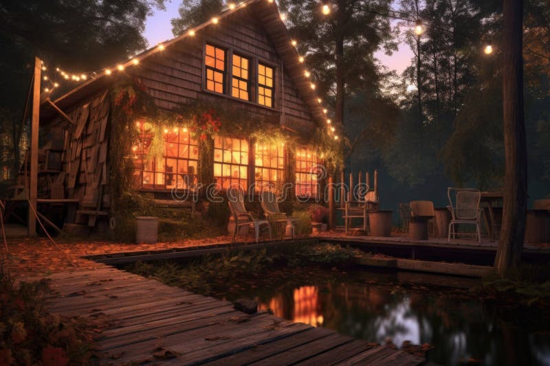 Cabin Lit Up with String Lights in the Evening Stock Illustration ...