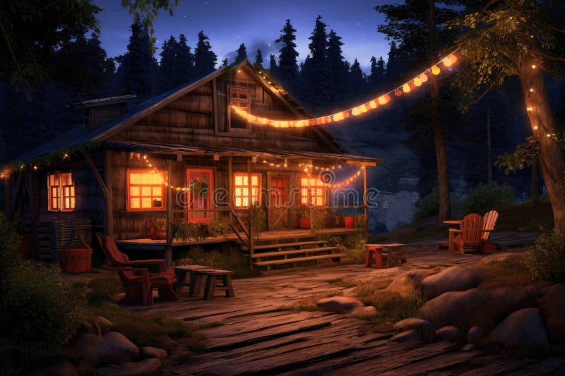 Cabin Lit Up with String Lights in the Evening Stock Illustration ...