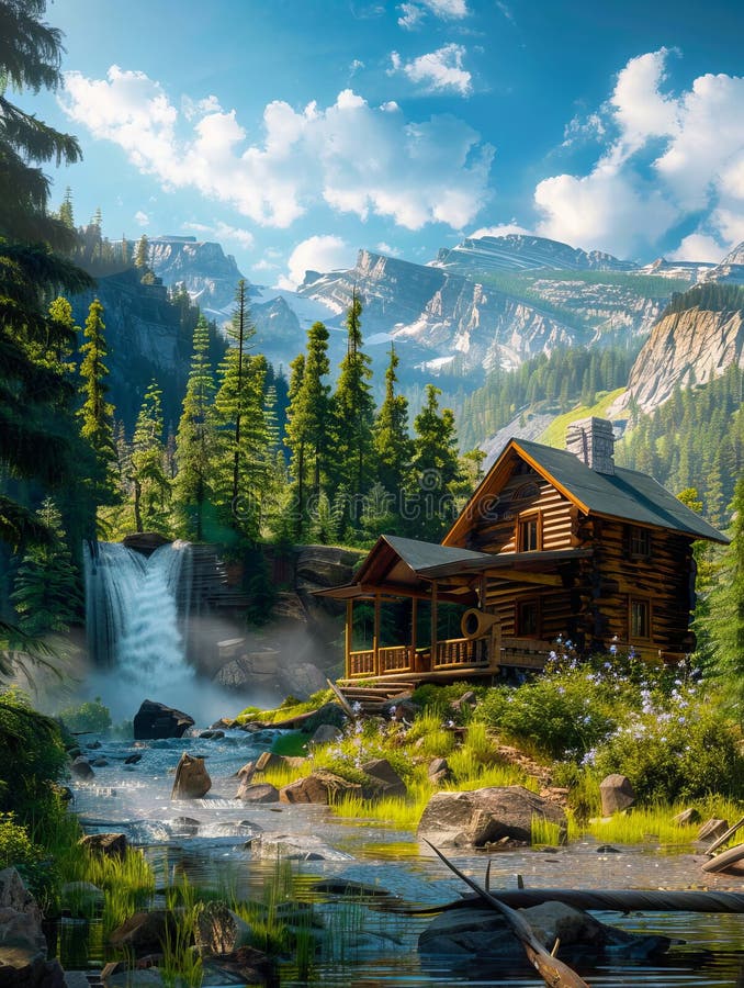 A Cabin in the Middle of a Forest Next To a Waterfall Stock Photo ...