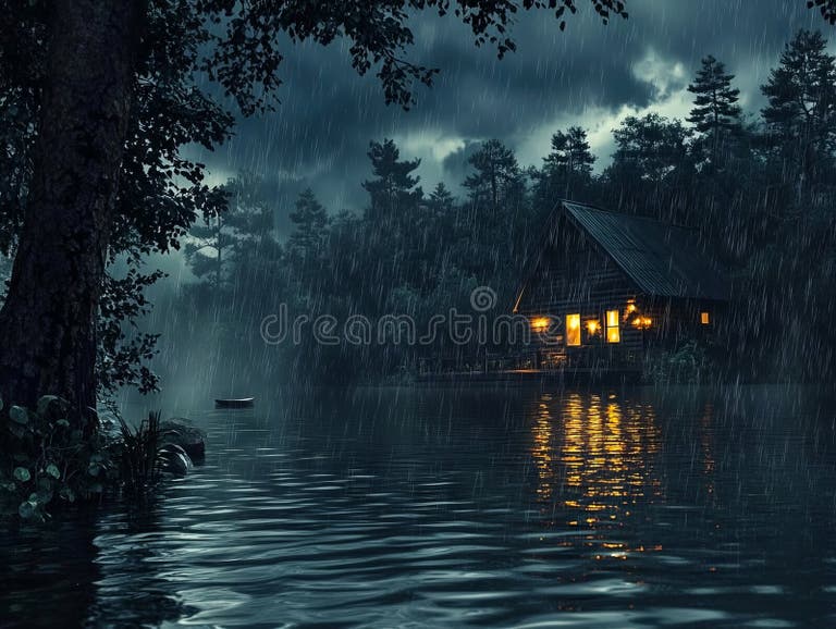 A Cabin in the Middle of a Lake in the Rain Stock Image - Image of glow ...