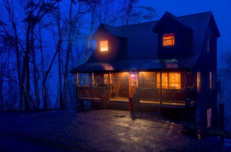 Cabin in the Mountains at Night Stock Image - Image of exterior, cabin ...