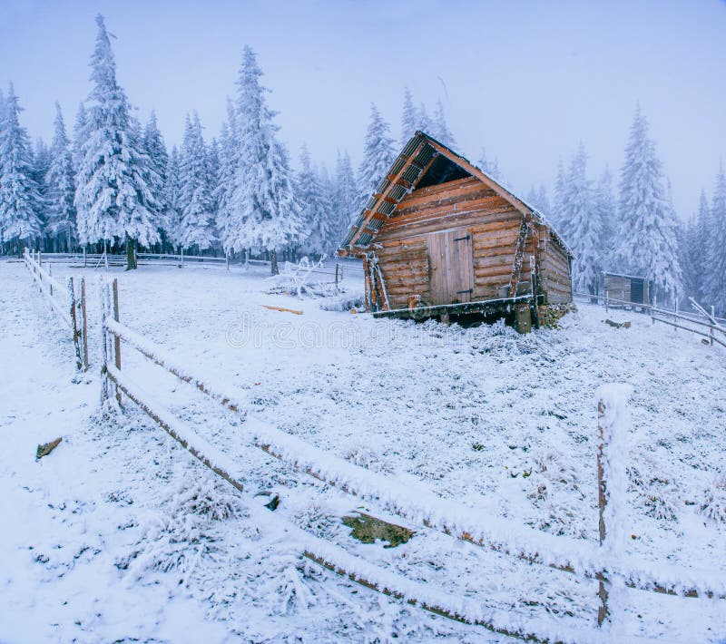 Cabin in the Mountains in Winter Stock Photo - Image of snow, timber ...