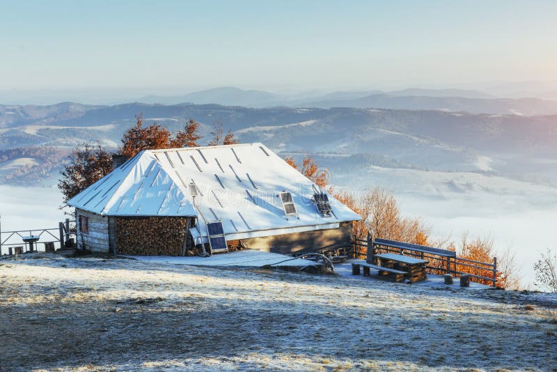 Cabin in the Mountains in Winter. Stock Image - Image of season ...