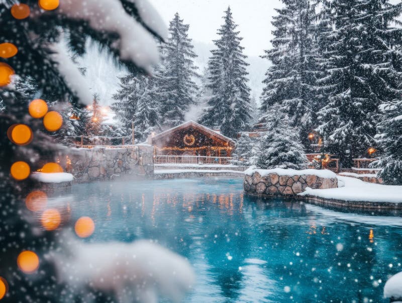 A Cabin Nestled in a Snowy Forest with a Pool in Front Stock ...