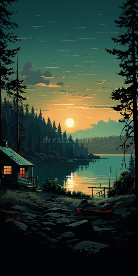 Hyper-detailed Illustrations of a Lake, Trees, and a Small Cabin Stock ...