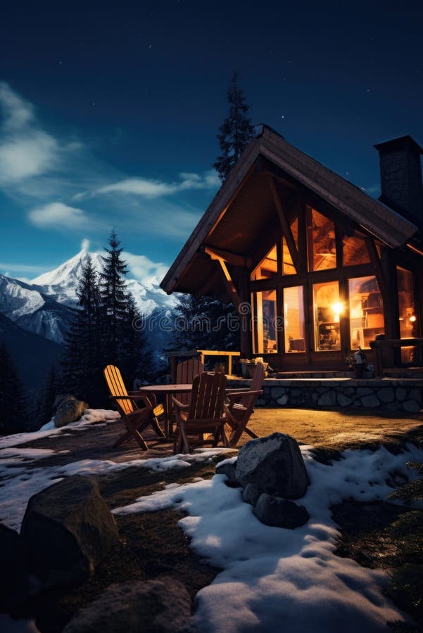 A Cabin at Night with a Fire and a Mountain View, AI Stock Photo ...