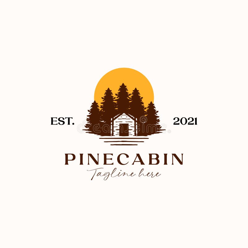 Cabin with Pine Tree Sunset Logo Template Isolated in White Background ...